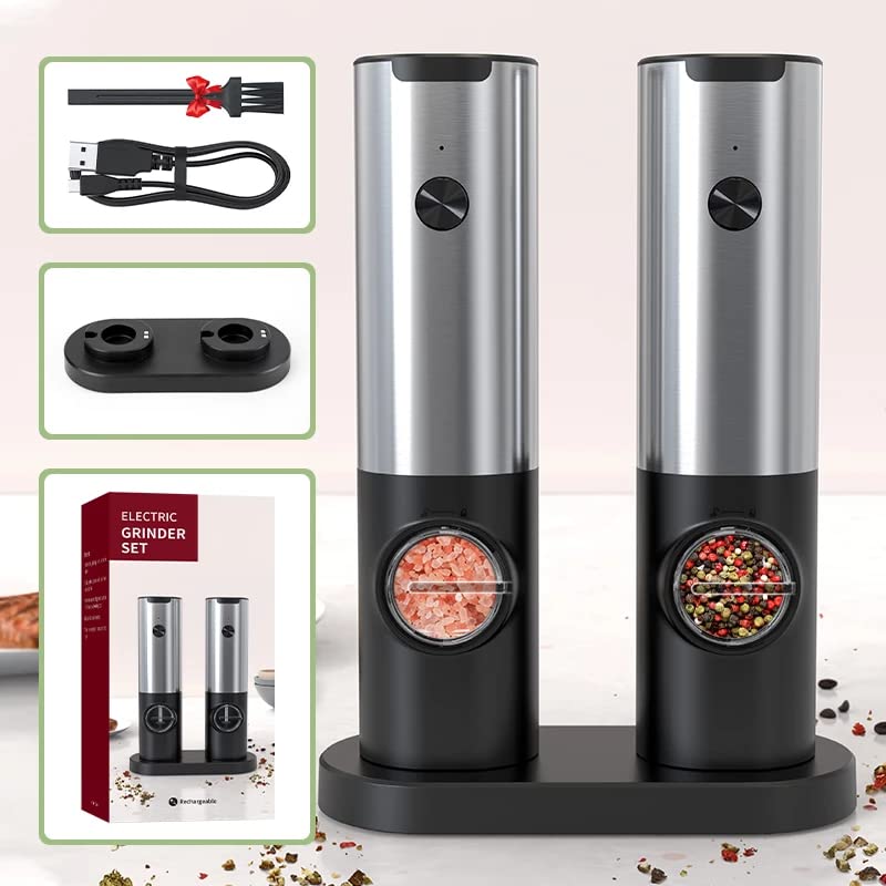 Electric Salt and Pepper Grinder Set, Rechargeable Powerful long Lasting Automatic Salt and Pepper Mill, Refillable Pepper Mill, Adjustable Coarseness, One Hand Operation By INKNA