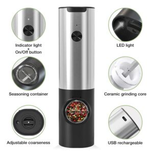 Electric Salt and Pepper Grinder Set, Rechargeable Powerful long Lasting Automatic Salt and Pepper Mill, Refillable Pepper Mill, Adjustable Coarseness, One Hand Operation By INKNA