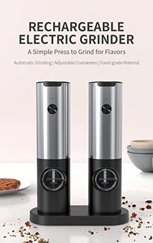 Electric Salt and Pepper Grinder Set, Rechargeable Powerful long Lasting Automatic Salt and Pepper Mill, Refillable Pepper Mill, Adjustable Coarseness, One Hand Operation By INKNA