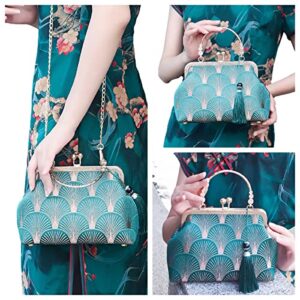 Anopo Evening Bag Tassel Satin Floral Sector Pattern Clutch Purse Crossbody Lady HandBag for Dress Wedding Party Prom Club