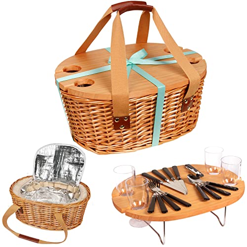 Hap Tim Wicker Picnic Basket Set for 4 with Mini Folding Wine Picnic Table & Large Insulated Cooler Bag & Cutlery Service Kits for 4 Person, Couples Gifts, Wedding Gifts (Y2209-4-CM)