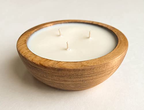 Bonneville Handmade Candles / 5 1/2" x 2" Hand Poured Wood Bowl Candle, 3 Wick/Dough Bowl Candle/Up to 25 Hour Burn Time / 100% Soy Wax/Scented Candle/Rustic Candle/Holiday (Unscented)