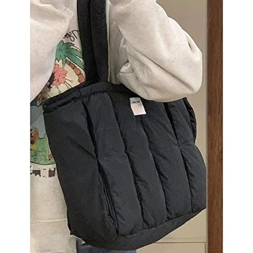 Puffy Bag Aesthetic Puffy Tote Bag Padded Tote Bag Women's Rectangle Quilted Plain Large Capacity Puffy Underarm Shoulder Bag (Black)