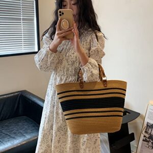 OWGSEE Straw Beach Bag, Straw Tote Bag for Women with Bamboo Handles Summer Vacation Woven Beach Bag Shoulder Handbag (Khaki)