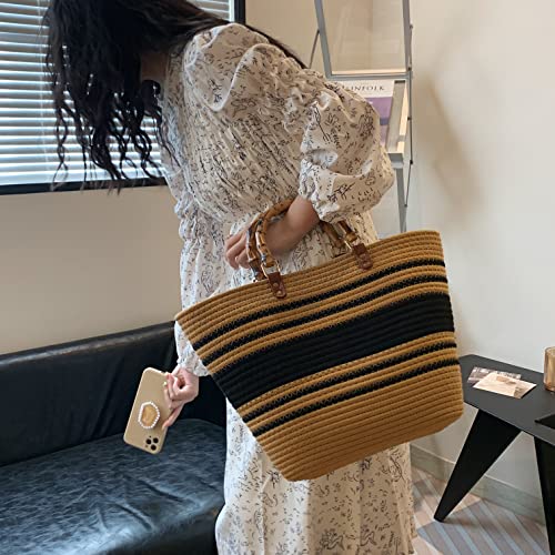 OWGSEE Straw Beach Bag, Straw Tote Bag for Women with Bamboo Handles Summer Vacation Woven Beach Bag Shoulder Handbag (Khaki)