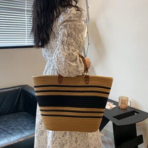 OWGSEE Straw Beach Bag, Straw Tote Bag for Women with Bamboo Handles Summer Vacation Woven Beach Bag Shoulder Handbag (Khaki)