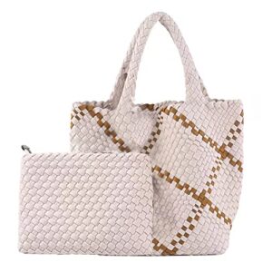 fashion hobo bag handmade woven casual female handbag large capacity neoprene tote bag patchwork women shoulder bags (white brown)