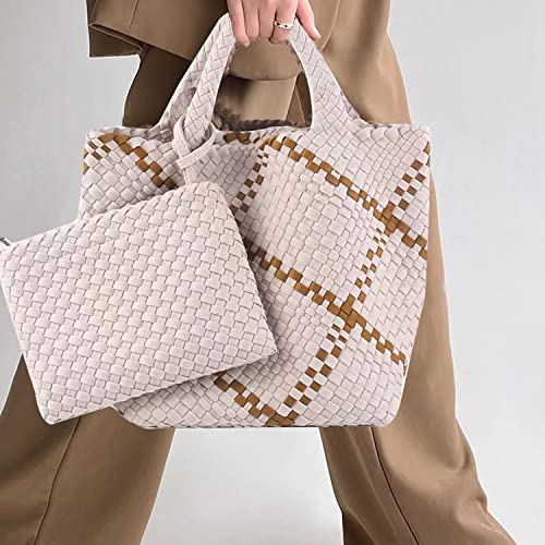 Fashion Hobo Bag Handmade Woven Casual Female Handbag Large Capacity Neoprene Tote Bag Patchwork Women Shoulder Bags (White brown)