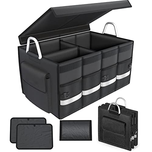 Trunk Organizer for Car, Waterproof Car Trunk Organizer Collapsible with Lid/Aluminium Alloy Handle/Reflective Strip, Camping Storage Trunk Organizer and Storage for SUV, Sedan, Van, Truck