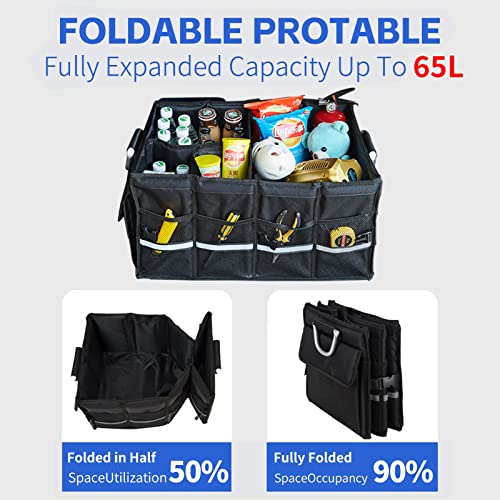 Trunk Organizer for Car, Waterproof Car Trunk Organizer Collapsible with Lid/Aluminium Alloy Handle/Reflective Strip, Camping Storage Trunk Organizer and Storage for SUV, Sedan, Van, Truck