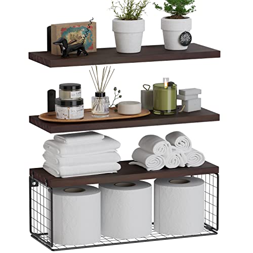 WOPITUES Floating Shelves Wall Mounted, Rustic Wood Bathroom Shelves Over Toilet with Paper Storage Basket, Farmhouse Floating Shelf for Wall Decor, Bedroom, Living Room, Kitchen–Rustic Brown