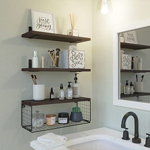 WOPITUES Floating Shelves Wall Mounted, Rustic Wood Bathroom Shelves Over Toilet with Paper Storage Basket, Farmhouse Floating Shelf for Wall Decor, Bedroom, Living Room, Kitchen–Rustic Brown