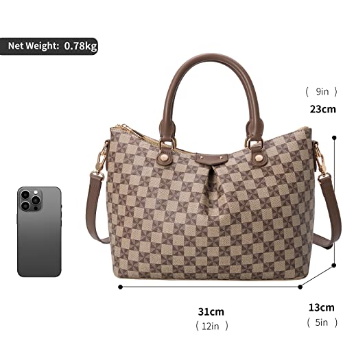 LBiayion Ladies Shoulder Handle Bags with Zipper, Large Tote Bags for Women Retro Classic lattice Shoulder Bags, Big Capacity PU Leather Handbag