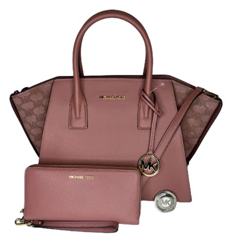 Michael Kors Avril Large Top-Zip Satchel bundled with Large Continental Wristlet Purse Hook (Rose)