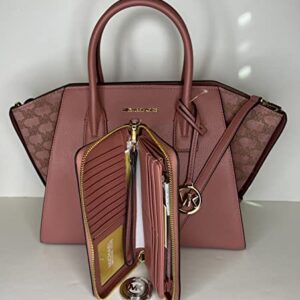 Michael Kors Avril Large Top-Zip Satchel bundled with Large Continental Wristlet Purse Hook (Rose)