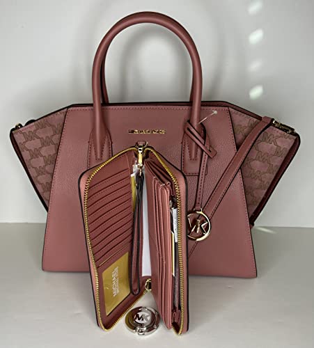 Michael Kors Avril Large Top-Zip Satchel bundled with Large Continental Wristlet Purse Hook (Rose)