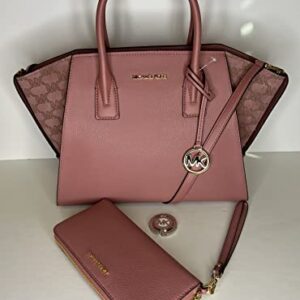 Michael Kors Avril Large Top-Zip Satchel bundled with Large Continental Wristlet Purse Hook (Rose)