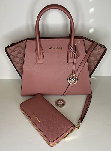 Michael Kors Avril Large Top-Zip Satchel bundled with Large Continental Wristlet Purse Hook (Rose)