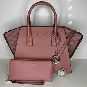 Michael Kors Avril Large Top-Zip Satchel bundled with Large Continental Wristlet Purse Hook (Rose)