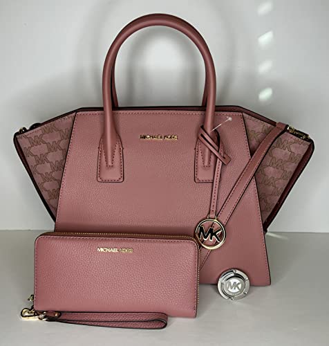 Michael Kors Avril Large Top-Zip Satchel bundled with Large Continental Wristlet Purse Hook (Rose)