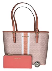 michael kors jet set travel md carryall tote bundled with large continental wristlet wallet purse hook (signature mk sherbert/grapefruit)