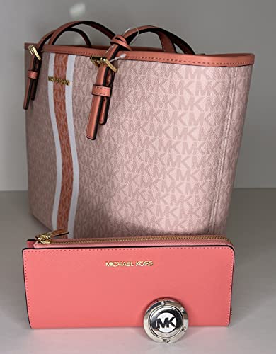 Michael Kors Jet Set Travel MD Carryall Tote bundled with Large Continental Wristlet Wallet Purse Hook (Signature MK Sherbert/Grapefruit)