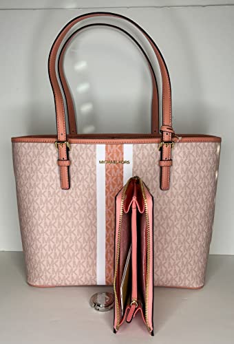 Michael Kors Jet Set Travel MD Carryall Tote bundled with Large Continental Wristlet Wallet Purse Hook (Signature MK Sherbert/Grapefruit)