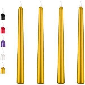 taper candles gold – set of 4, 10 inch tall unscented dripless candles with cotton wicks perfect for dinner, party, wedding or farmhouse decor-7/8 base (gold)