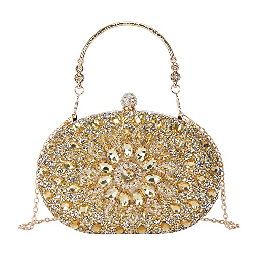 Purpliole Multicolor Round Rhinestone Women Evening Pearl Clasp Crystal Clutch Purse - Sparkly Diamond Bag Wedding Party Prom Handbag Glitter Gemstone (Gold Clutch)