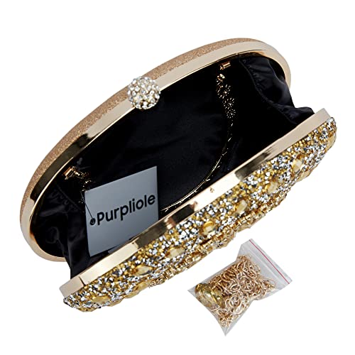 Purpliole Multicolor Round Rhinestone Women Evening Pearl Clasp Crystal Clutch Purse - Sparkly Diamond Bag Wedding Party Prom Handbag Glitter Gemstone (Gold Clutch)