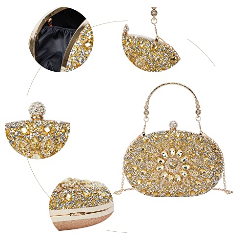 Purpliole Multicolor Round Rhinestone Women Evening Pearl Clasp Crystal Clutch Purse - Sparkly Diamond Bag Wedding Party Prom Handbag Glitter Gemstone (Gold Clutch)