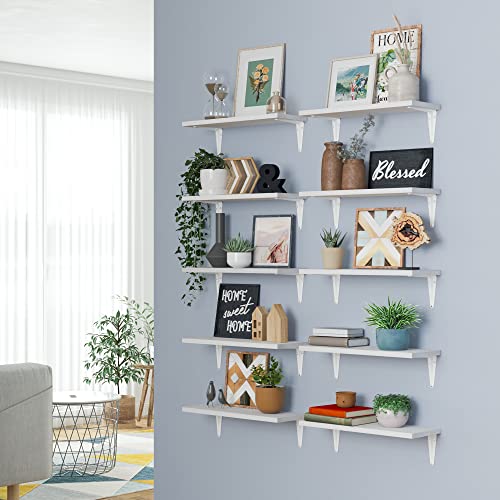 Wallniture Arras 17"x6" Floating Shelves for Storage, Bookshelf Living Room Decor, Wall Storage Shelves for Kitchen, Hallway Floating Shelf, Dining Room Wall Bookshelves Set of 10, White, Wood