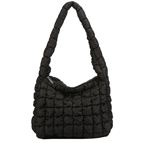 Rejolly Puffer Shoulder Bag for Women Quilted Puffy Lightweight Nylon Handbag Large Padded Soft Purse Black