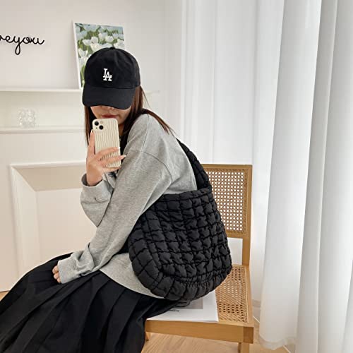 Rejolly Puffer Shoulder Bag for Women Quilted Puffy Lightweight Nylon Handbag Large Padded Soft Purse Black