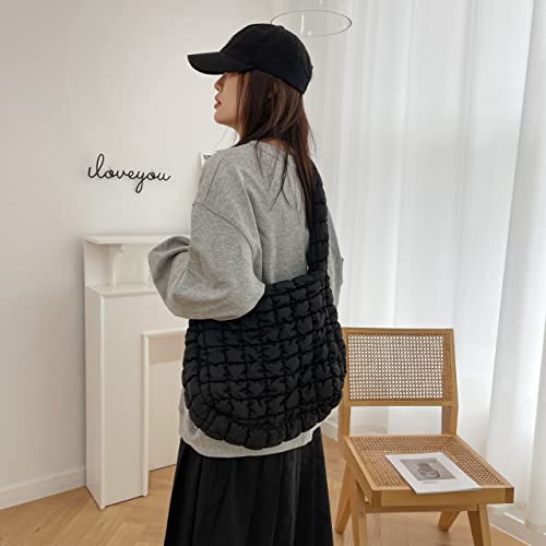 Rejolly Puffer Shoulder Bag for Women Quilted Puffy Lightweight Nylon Handbag Large Padded Soft Purse Black