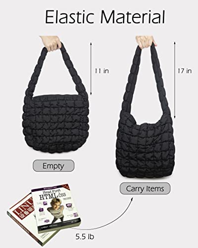 Rejolly Puffer Shoulder Bag for Women Quilted Puffy Lightweight Nylon Handbag Large Padded Soft Purse Black