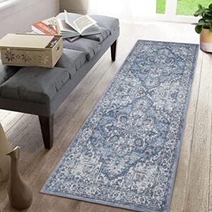 caremee area rug 2×6 runner rug light blue persian hallway indoor rug retro distressed carpet thin rug machine washable accent rug lightweight non slip kitchen living room bedroom, 2′ x 6′ blue