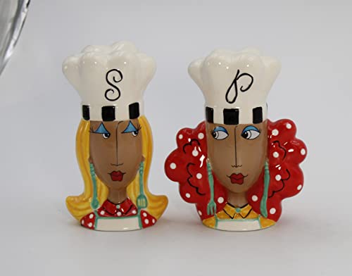 Fine Ceramic Dollymamas African American Black Fashion Chef Lady Salt & Pepper Shakers Set, 4-3/8" H