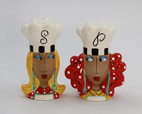 Fine Ceramic Dollymamas African American Black Fashion Chef Lady Salt & Pepper Shakers Set, 4-3/8" H