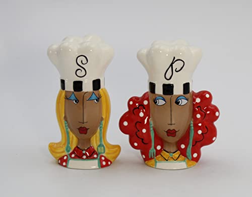 Fine Ceramic Dollymamas African American Black Fashion Chef Lady Salt & Pepper Shakers Set, 4-3/8" H