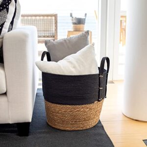 EMIGI Set of 2 Natural Round Storage Basket, Braided Seagrass & Paper Rope (XL+LG), Natural & Black