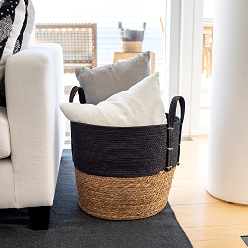 EMIGI Set of 2 Natural Round Storage Basket, Braided Seagrass & Paper Rope (XL+LG), Natural & Black