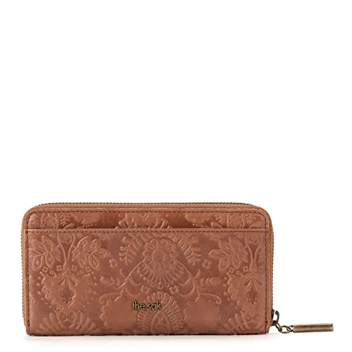 The Sak Essential Zipper Wallet in Leather, Tobacco Floral Embossed