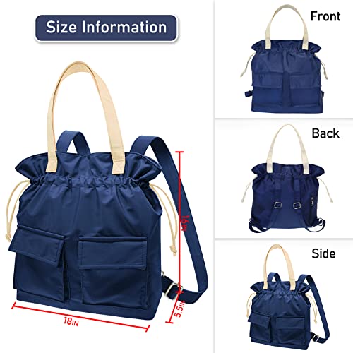 Women Nylon Backpack for Convertible Backpack,Large Handbags and Ladies Fashion Nylon Bookbag Travel Bag (Dark blue beige)