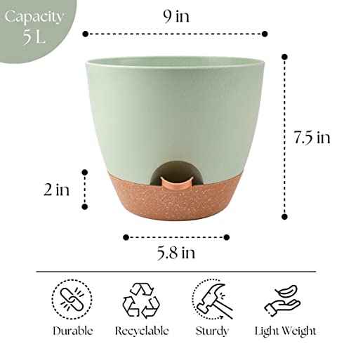 Giraffe Creation 9 inch Plant Pots 2-Pack, Self Watering Flower Pots Indoor Outdoor, Planters with Drainage Hole Saucer Reservoir, Green Brown