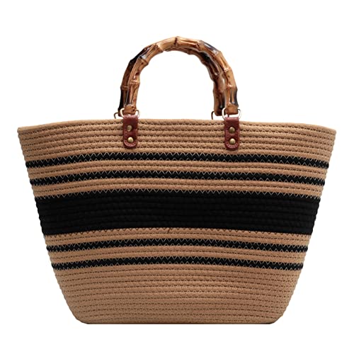 GETERUUV Beach Tote Bag Large Woven Bag Handbag Women's Woven Cotton Rope Tote Bag Top Bamboo Handle Summer Beach Tote