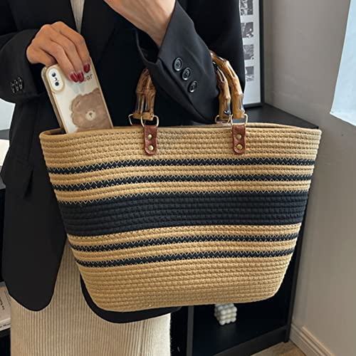 GETERUUV Beach Tote Bag Large Woven Bag Handbag Women's Woven Cotton Rope Tote Bag Top Bamboo Handle Summer Beach Tote