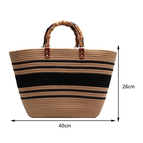 GETERUUV Beach Tote Bag Large Woven Bag Handbag Women's Woven Cotton Rope Tote Bag Top Bamboo Handle Summer Beach Tote