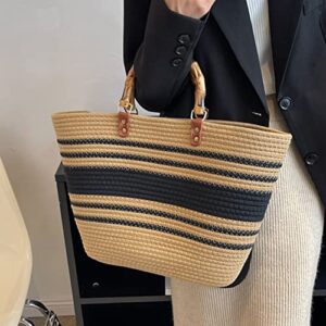 GETERUUV Beach Tote Bag Large Woven Bag Handbag Women's Woven Cotton Rope Tote Bag Top Bamboo Handle Summer Beach Tote