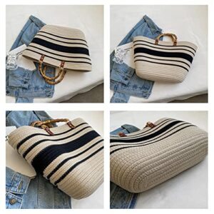 GETERUUV Beach Tote Bag Large Woven Bag Handbag Women's Woven Cotton Rope Tote Bag Top Bamboo Handle Summer Beach Tote